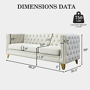 JEEOHEY Chesterfield Sofa,Oversized Velvet Sofa Couch,Deep Seat 3 Seater Sofa,Modern Sofa Chair with Button Nailhead,Upholstered Futon Couches,Furniture for Living Room,Bedroom,Office(Beige)