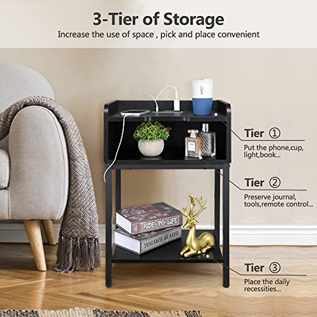 farexon Nightstand with Charging Station and USB Ports,Nightstand with Storage Drawer and Shelf, Small Bedside Table,End Table Night Stand for Bedroom(1 PCS, Black)