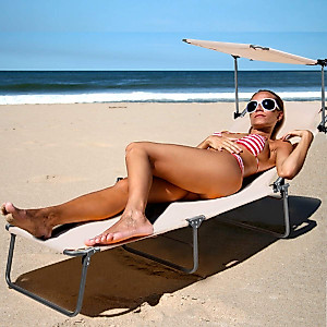 Giantex Tanning Chair, Patio Chaise Lounge Chair with 5 Adjustable Position, Shade Canopy, Storage Pocket, Camping Cot, Outdoor Sunbathing Recliner for Poolside, Lawn Folding Beach Chairs(1, Beige)