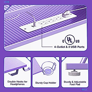 SEVEN WARRIOR Gaming Desk 50.4” with LED Light & Power Outlets, L-Shaped Gaming Desk Carbon Fiber Surface with Monitor Stand, Ergonomic Gamer Table with Cup Holder, Headphone Hook, Purple