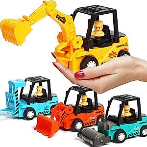 Construction Toys 4 Pack Set with Excavator, Bulldozer, Road Roller, Lift Truck Toys, Friction Powered Push and Go Toy Cars for Toddlers, Kids, 3,4,5,6 Year Old Boy, Girl, Sandbox Trucks Vehicles