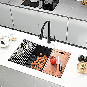 33 Black Undermount Workstation Kitchen Sink, Scamall 33 X 19 X 10 Inches 16 Gauge Nano Black Stainless Steel Single Bowl Workstation Kitchen Sink With Offset Drain SML006SBG