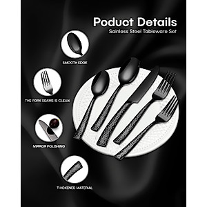 EUIRIO 48-Piece Black Hammered Silverware Set for 8, Stainless Steel Flatware Set with Steak Knives, Mirror Polished Tableware Cutlery Set, Include Forks Spoons and Knives Set, Dishwasher Safe