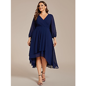 Ever-Pretty Women's A Line Pleated V Neck Midi Plus Size Wedding Guest Dresses for Curvy Women Navy Blue US26