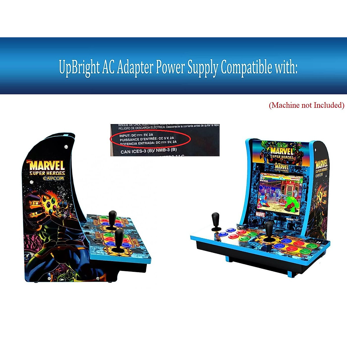 UpBright 5V AC/DC Adapter Compatible with Arcade1up MRV-C-01343 Marvel Super Heroes Capcom 2 Player Counter-Cade Superheroes Countercade Game Machine Arcade 1up 2A 2000mA Power Supply Cord Charger PSU