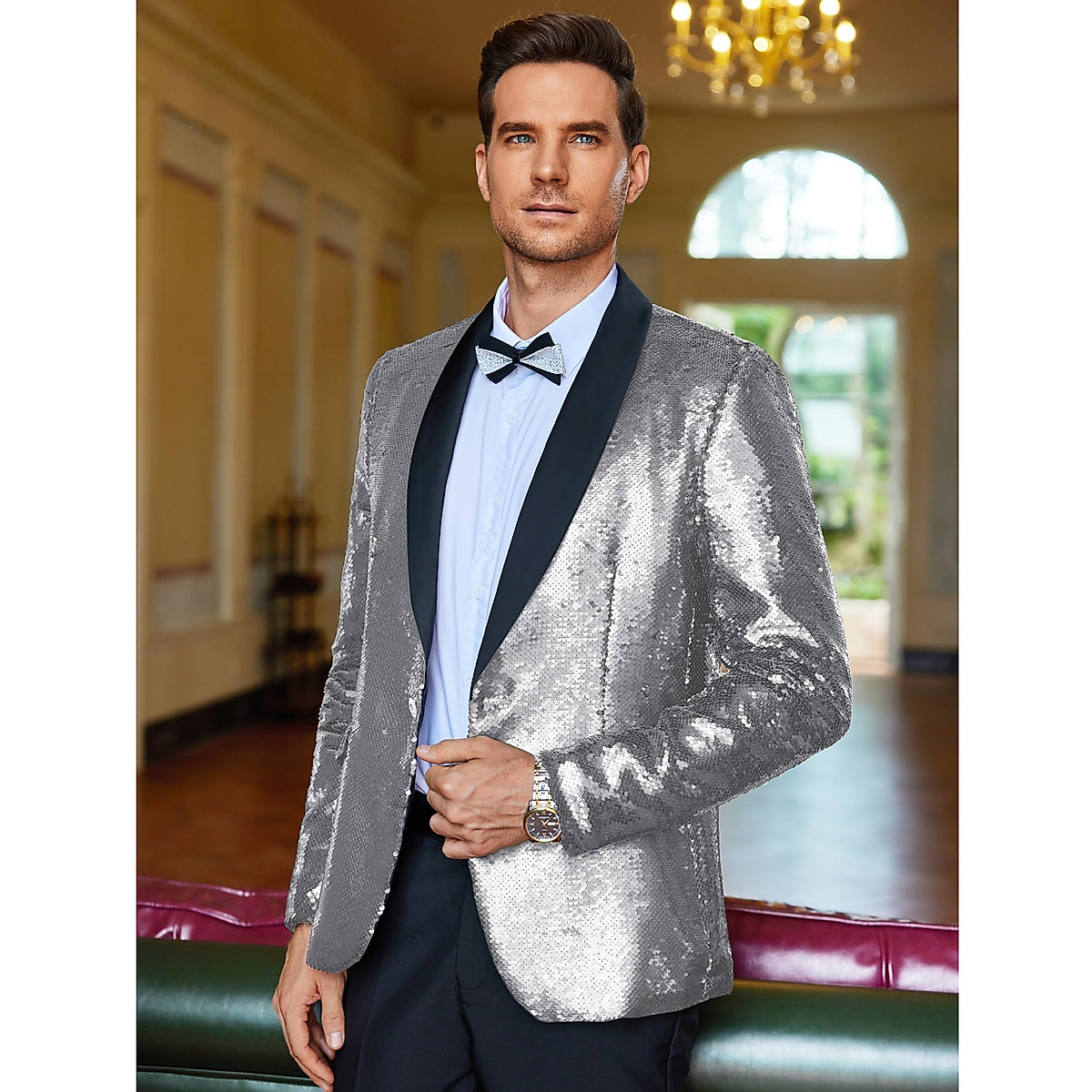 COOFANDY Men's Shiny Sequins Suit Jacket Blazer One Button Tuxedo Banquet Prom Silver