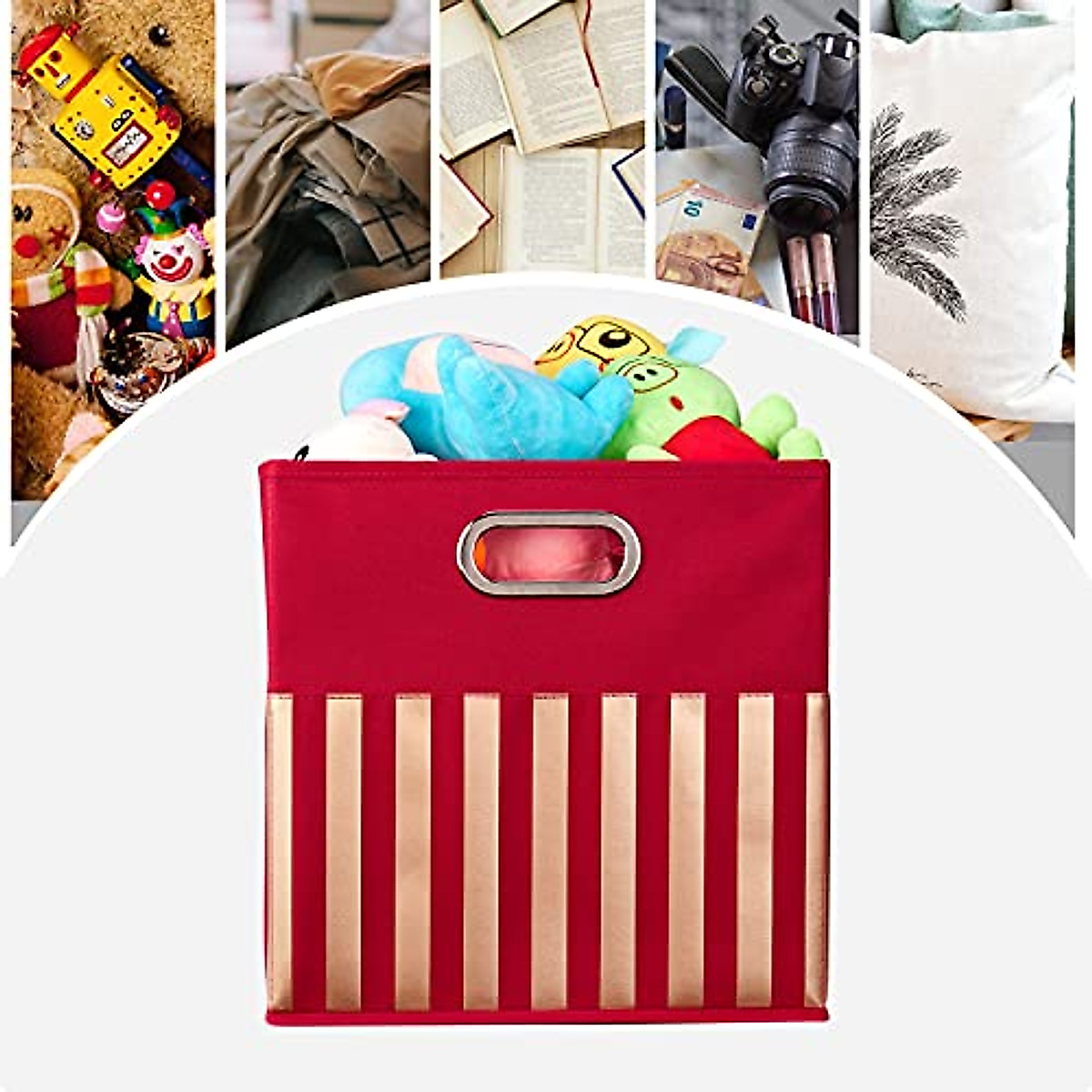 HSDT Fabric Storage Cube Bins 13x13x13 Inch Foldable Boxes Red Cloth Basket with Golden Strip Pattern for Shelves or Closet Organzier,QY-SC33-3