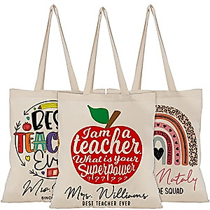 Personalized Teacher's Appreciaton Camvas Tote Bags w/Name & Text - 9 Design Custom Teachers Day Bag Gifts for Teacher Customized Canvas Gift Women Shoulder Birthday C1 Beige 15''X 16'' inches