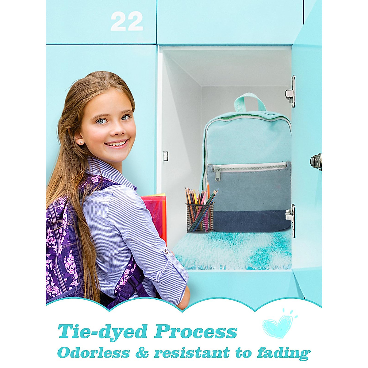 School Locker Rugs, Tie-dye 12 Inch Square Locker Decorations for Girls, Fluffy Faux Fur Area Carpet with Anti-Slip Layer for Middle School Locker Decor Aesthetic Nail Photography (Lake Blue, 2 Pcs)