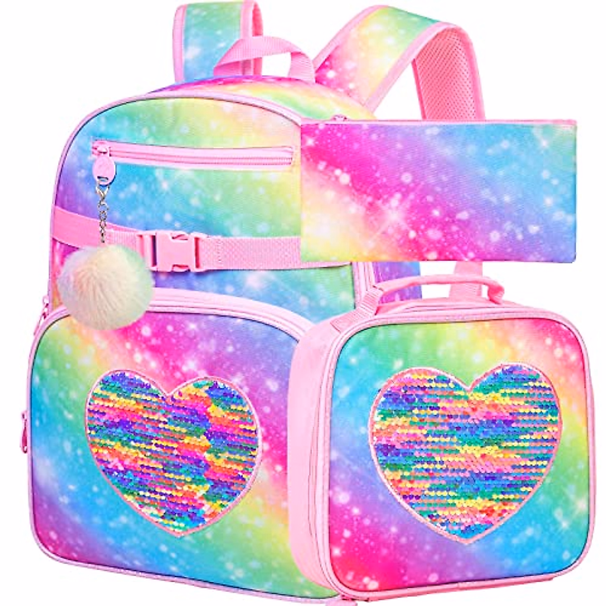 ZLYERT 3PCS Girls Backpack, Rainbow Kids Backpacks for Elementary Preschool Students, 16" Sequin Bookbag with Lunch Box for Girl