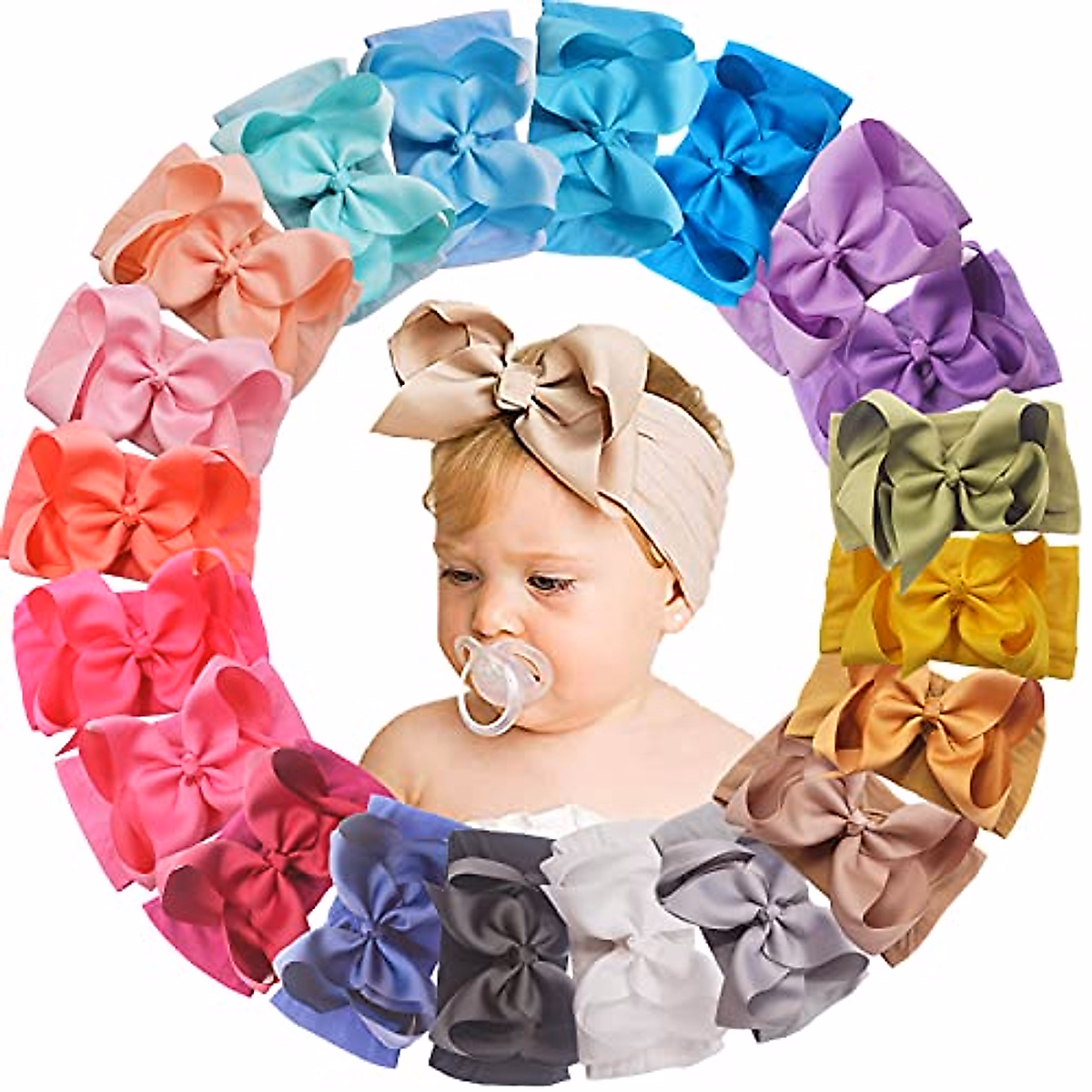 Yxiang 20pcs Baby Bows Headbands 6" Big Newborns Bows Elastics Nylon Hairbands Ribbon Bow Hair Accessories for Newborns Infants Toddlers Kids
