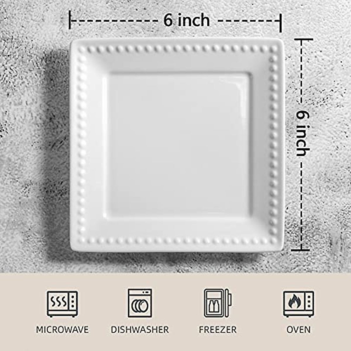 Wareland Bright White Embossed Dots Square Dessert Plates Set of 6, Ultra-fine Porcelain 6 inch Appetizer Plates, Farmhouse Salad Plates Set for Sides, Dessert, Snack, Small Heavy Duty Dinner Plates