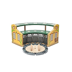 maxim enterprise, inc. Wooden Train Round House Combo with Rotating Turntable, Train Shed to House 5 Engines or Cars, Wooden Train Track Accessories Compatible with Major Brand Railway Sets