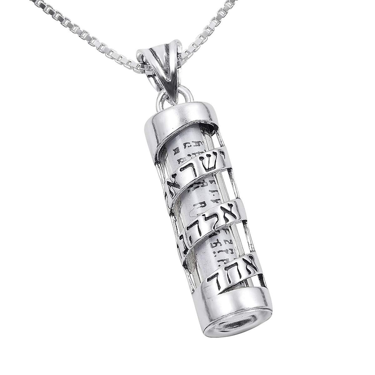 AJDesign Mezuzah Necklace Pendant Spiral Shema Yisrael and Scroll in 925 Sterling Silver (24 Inches Chain)