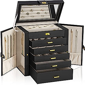 AKOZLIN Huge Jewelry Box Organizer Functional Lockable, Extra Large Leather Jewelry Storage Case for Women Girls Ring Necklace Earring Bracelet Holder Organizer with Mirror Black