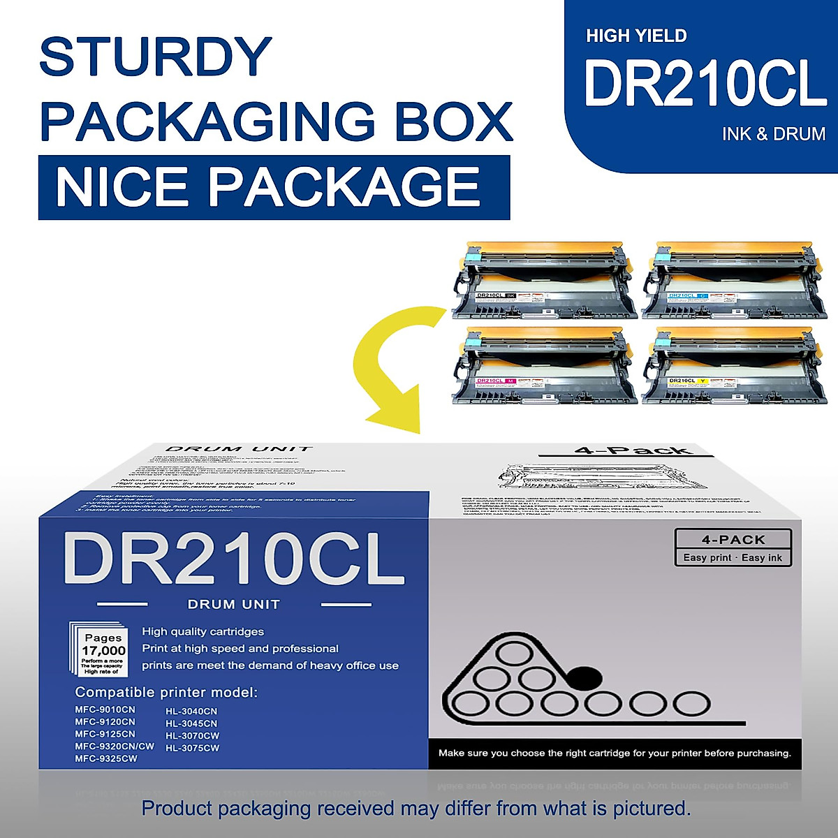 4 Pack DR210CL BK/C/M/Y Drum Unit High Yield Compatible DR210CL Replacement for Brother HL-3040CN 3045CN 3070CW 3075CW MFC-9010CN 9120CN 9125CN 9320CN/CW 9325CW Printer