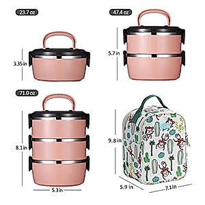 YBOBK HOME 3-Tier Cylinder Stackable Lunch Box With Bag, Keep Food Warm Thermal Lunch Container, Portable Stainless Steel Insulated Lunch Box, Pink 71oz
