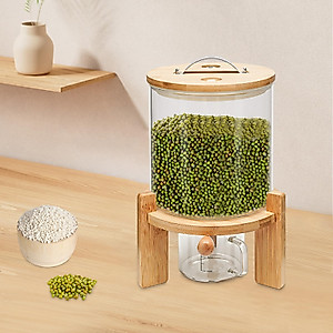 Rice Dispenser 5L Airtight Storage Glass Container with Sealed Lid & Wooden Stand & Measuring Mug,Flour Cereal Dry Food Storage Container Seal Dispenser