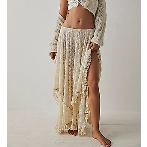 R.Vivimos Women Lace Long Skirts Summer Elastic Asymmetrical Layered Hem Sexy See-Through Beach Floral Maxi Skirts (Medium, Beige)