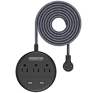 Braided Extension Cord 15FT, NTONPOWER Flat Plug Power Strip Long Cord with 3 Outlets 2 USB, ETL Listed, Compact Desktop Charging Station Wall Mount for Home Office Dorm Essentials, Black