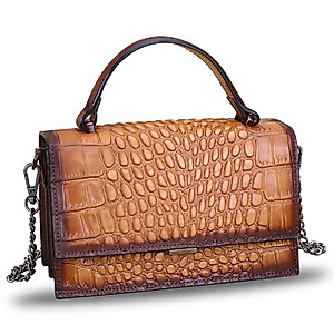 Genuine Leather Handbags for Women Retro Handmade Small Satchel Purse Luxury Top Handle Real Leather Embossed Design Crossbody Bag (Brown)
