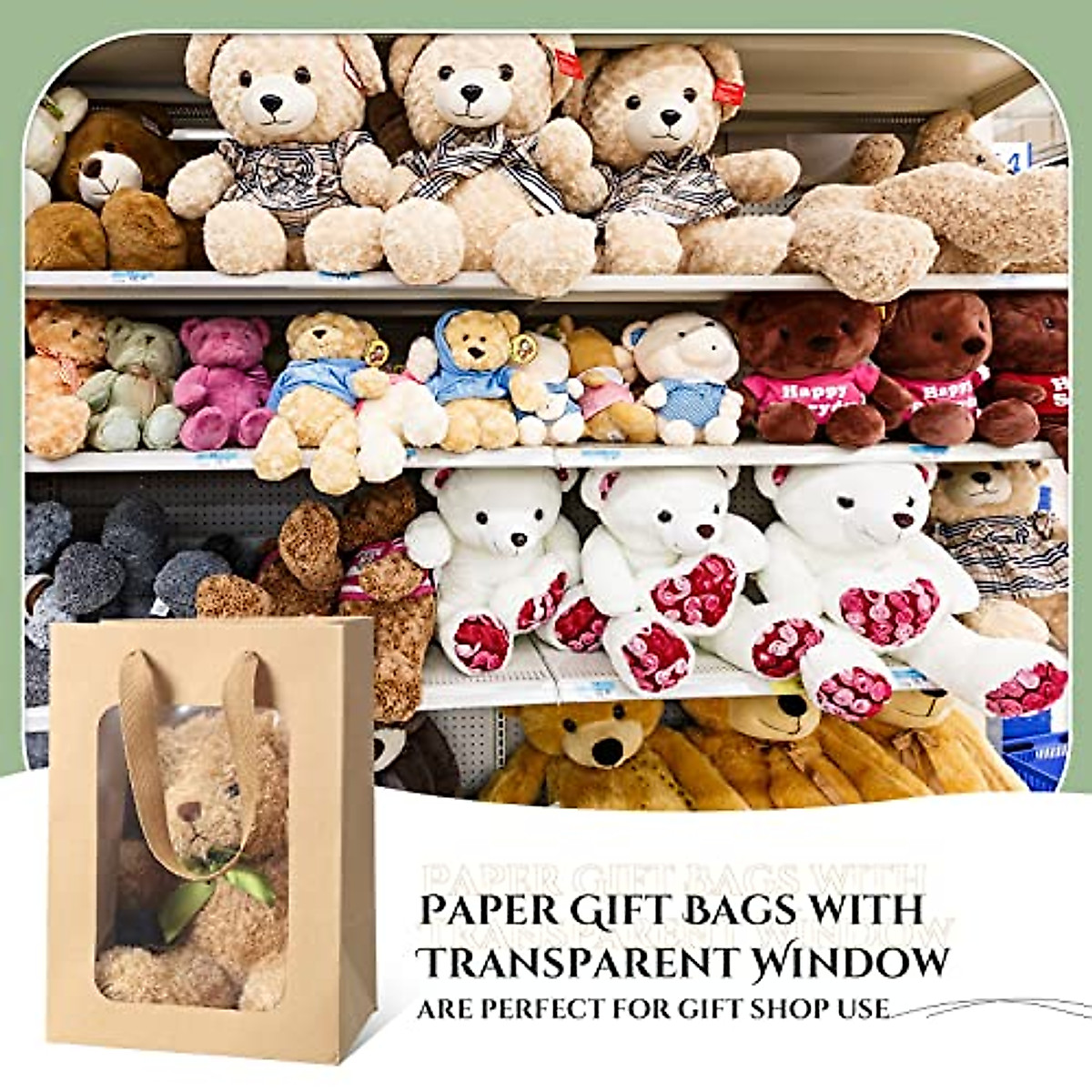 50 Pcs Paper Gift Bags with Transparent Window Kraft Shopping Bags with Handles 9.8 x 7.1 x 5.1 in Clear Gift Bags Small Transparent Window Bag for Valentine's Day Present Festival Party (Brown)