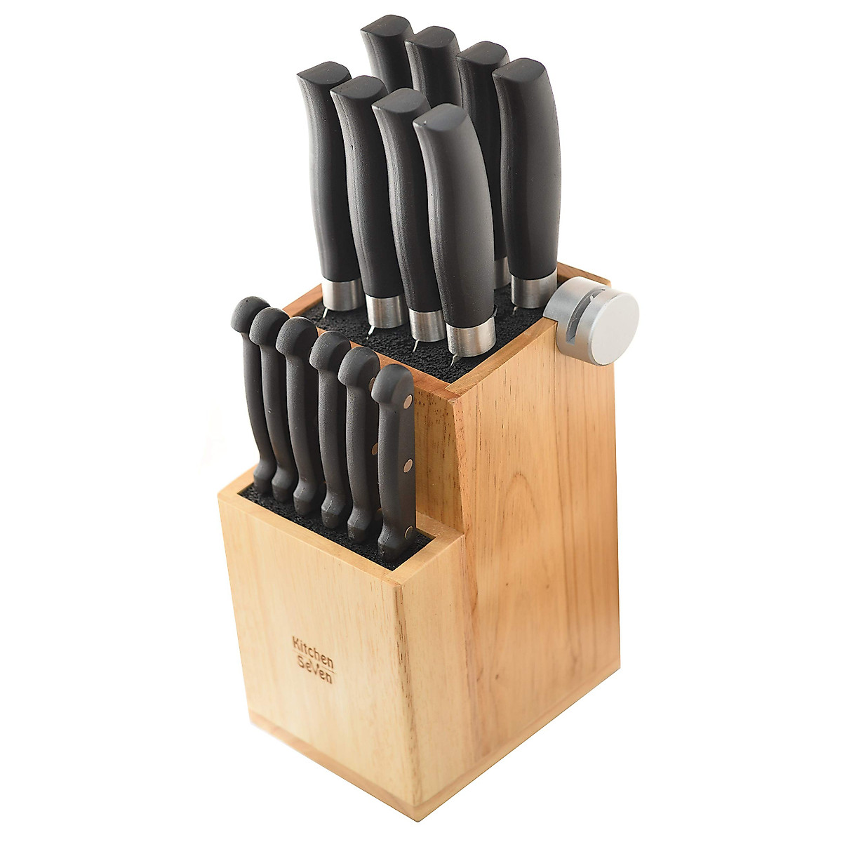 Bamboo Universal Knife Block - Knife Holder with 2 Built-In Knife Sharpeners - 2-Tiered Modern Knife Storage Up to 16 Large and Small Knives Easy Clean Wooden Knife Organizer by Kitchen Seven