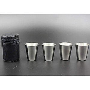 lasenersm 4 Pieces 30ml (1oz) Stainless Steel Shot Cups Shot Glass Drinking Vessel with One Black PU-Leather Carrying Case Outdoor Camping Travel Coffee Tea Cup, Silver Cup, Black Case