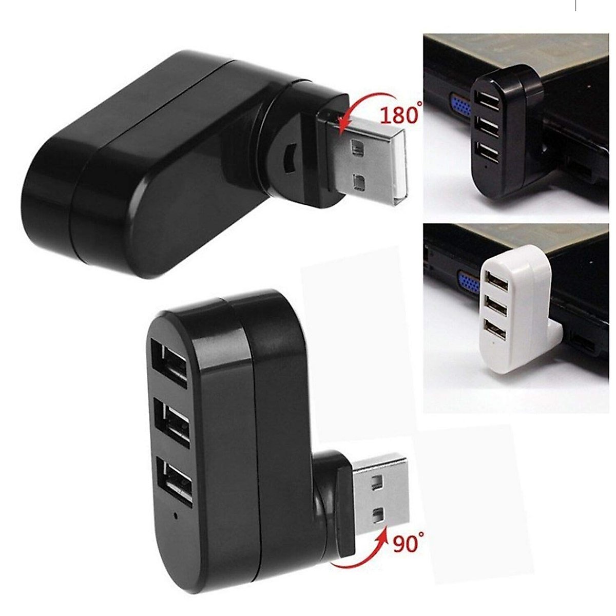 OUQYLG USB 3 Port Splitter, Mini USB Hub, USB 3 Port Compact Portable Rotatable HUB, USB Hub Dock [90°/180° Degree Rotatable] for Flash Drive Mobile HDD PC Laptop Notebook and More - Black