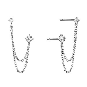 GLAHORSE 925 Sterling Silver Four Zircons Flower Stud Earrings For Women Double Studs Chain Tassel Piercing Earring 18K Gold