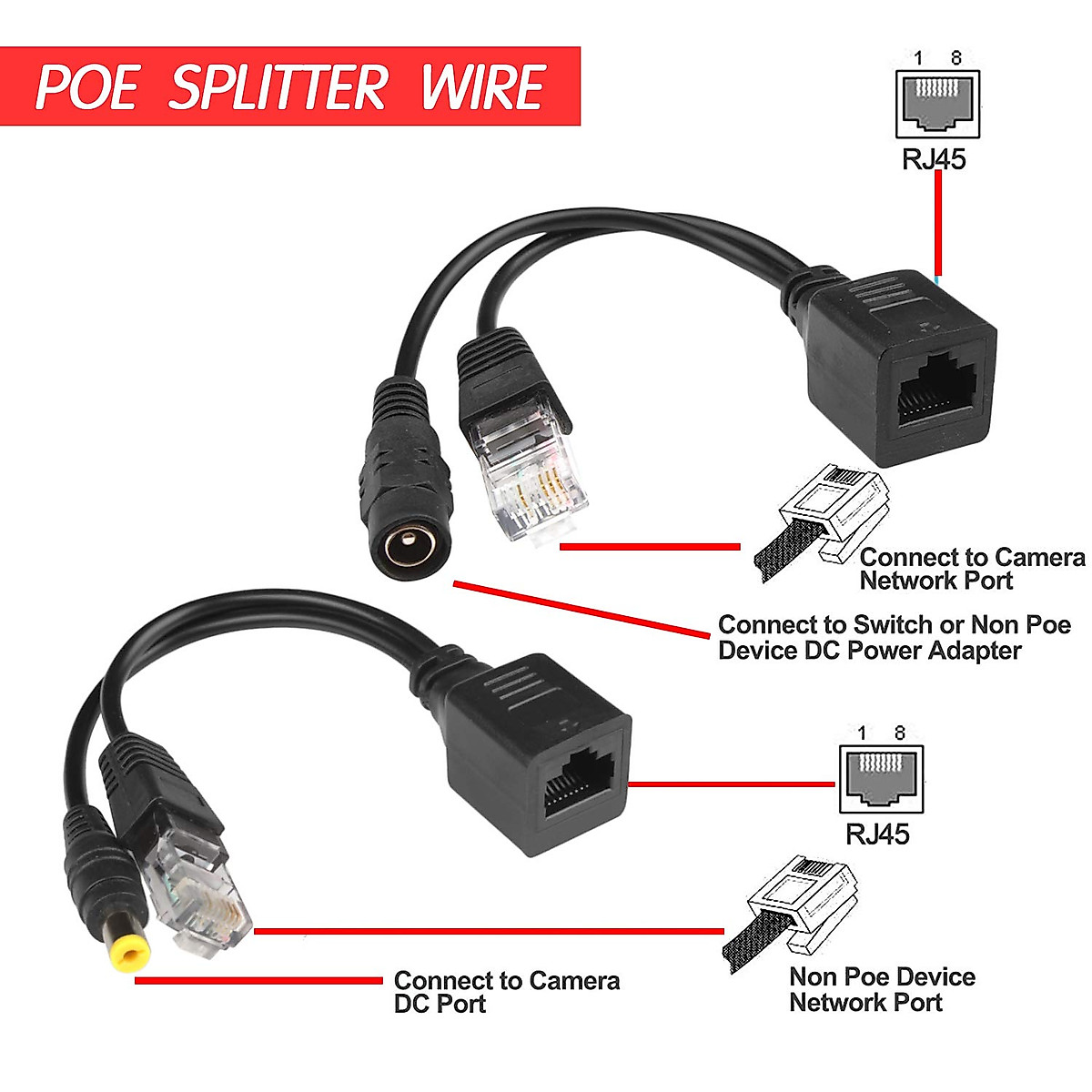 Passive PoE Injector 6 Pairs PoE Splitter Kit Passive PoE Injector and PoE Splitter Kit with 5.5x2.1 mm DC Connector RJ45 Power Over Ethernet