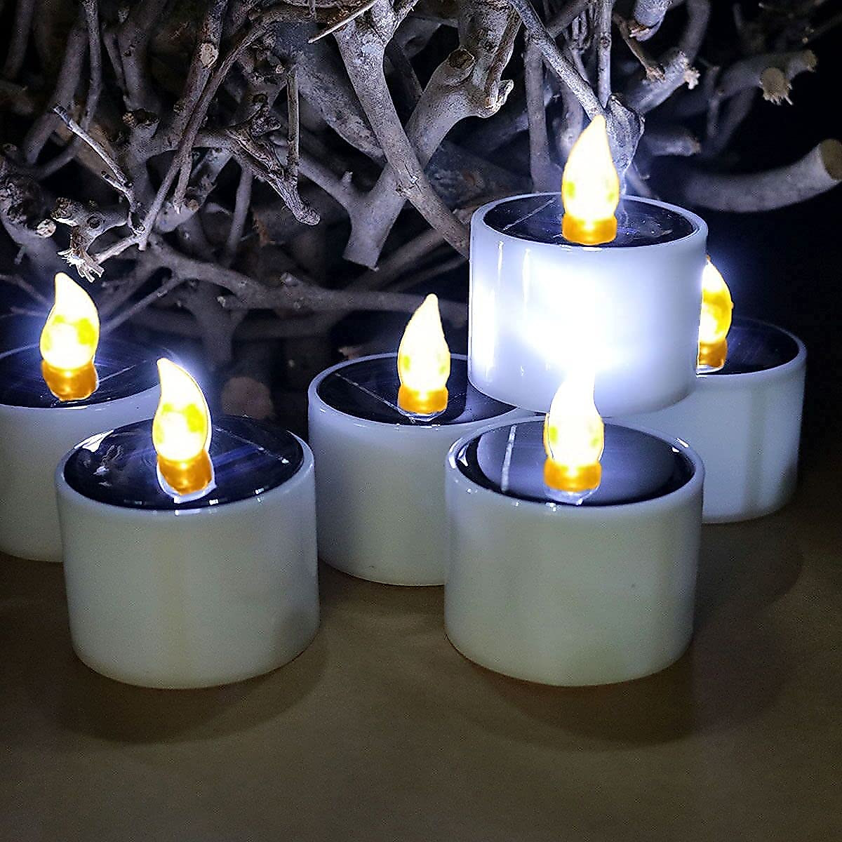 Christmas Decor 6 Pieces Romantic LED Flameless Candles Lights/Lamps, Solar Power LED Tea Light Candles Nightlight for Home Decor (Yellow Flickering)