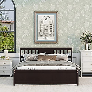 Prohon Queen Size Platform Bed Frame with Horizontal Strip Design Headboard, Strong Wooden Slat Support with Large Underbed Storage Space, Simple Style Bedframe for Kids, Teen, Adults, Espresso