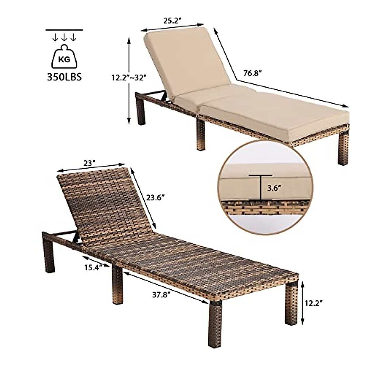 Haverchair Patio Rattan Chaise Lounge Chairs Adjustable Outdoor Lounge Chair Recliner PE Wicker Furniture with Cushion for Deck, Poolside, Backyard (2)