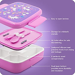 RUVALINO Bento Lunch Box for Kids, 5-Compartment Bento-Style Kids Lunch Box with Utensils, Leak-Proof, Dishwasher Safe, Pre-School Kid Daycare Lunches Snack Container for Ages 5 and up, Unicorn