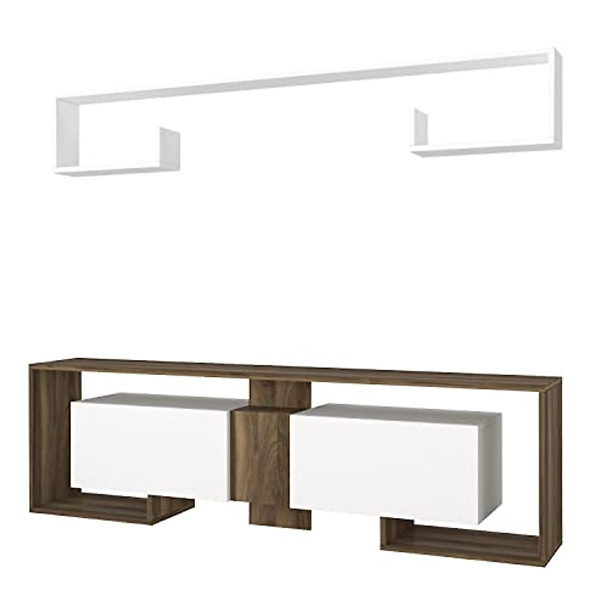 The Urban Port 71-Inch Wooden TV Console Entertainment Media Center, 2-Piece Set, Wall Mounted Floating Shelf, White and Brown