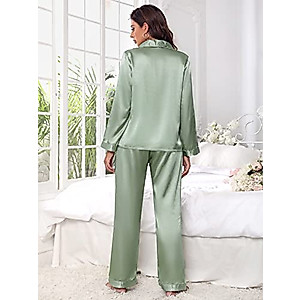 OYOANGLE Women's Satin Long Sleeve Pajama Set Button Down Silk Pj Set Sleepwear Lounge Set Mint Green XL