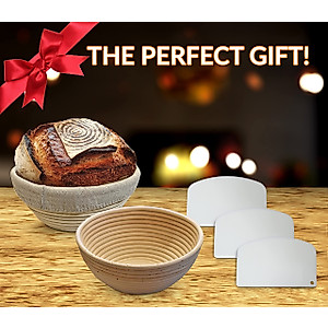 Bread Banneton Proofing Basket [Set of 2] Round 9” Inch Bread Proofing Baskets for Sourdough, Prooving Bowl Gift for Bakers, Includes Linen Liner, Plastic Scraper (pack of 3)