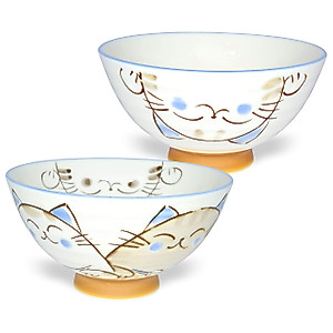 Japanese Handcrafted Rice Bowl, Authentic Mino Ware Pottery, Calico Cat Motif Design, MIKE Blue Chawan, set of 2
