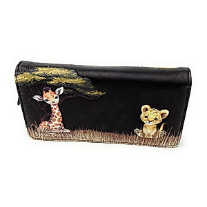 Shag Wear Babies of Africa Large Animal Safari Wallet for Women and Teen Girls Vegan Faux Leather 7" Black