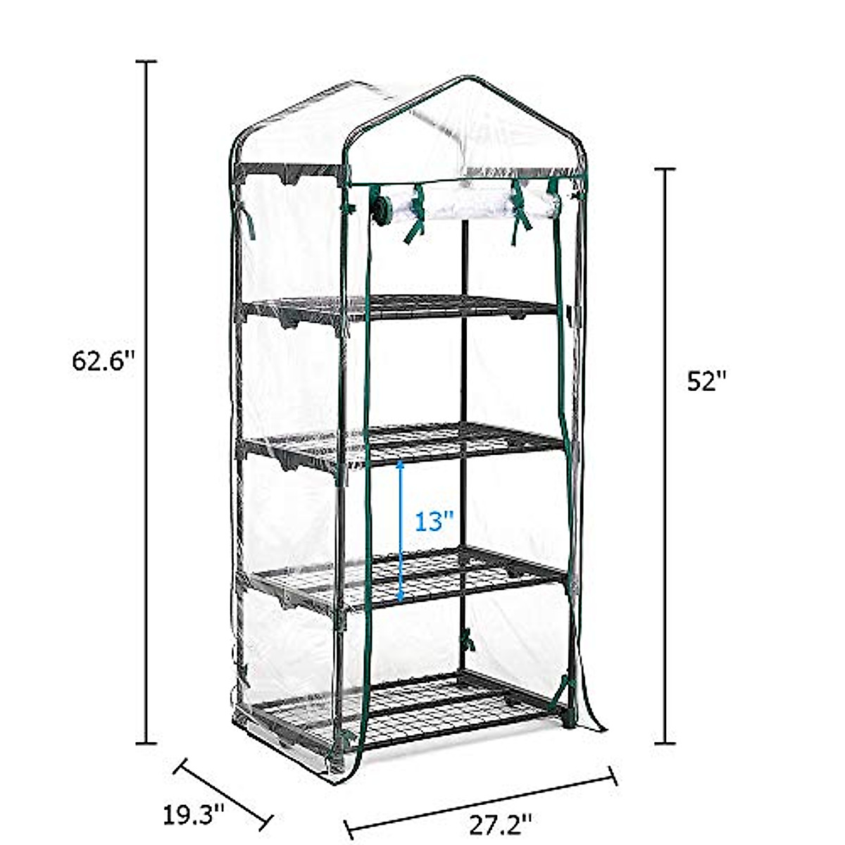 Greenhouse 4 Tier Mini Greenhouse 63x28x20 in Portable Garden Green House, with Zippered PVC Cover, Metal Shelves for Garden Yard Patio Indoor Outdoor, Extra Hooks Wind Ropes 8 Net Rack Buckles