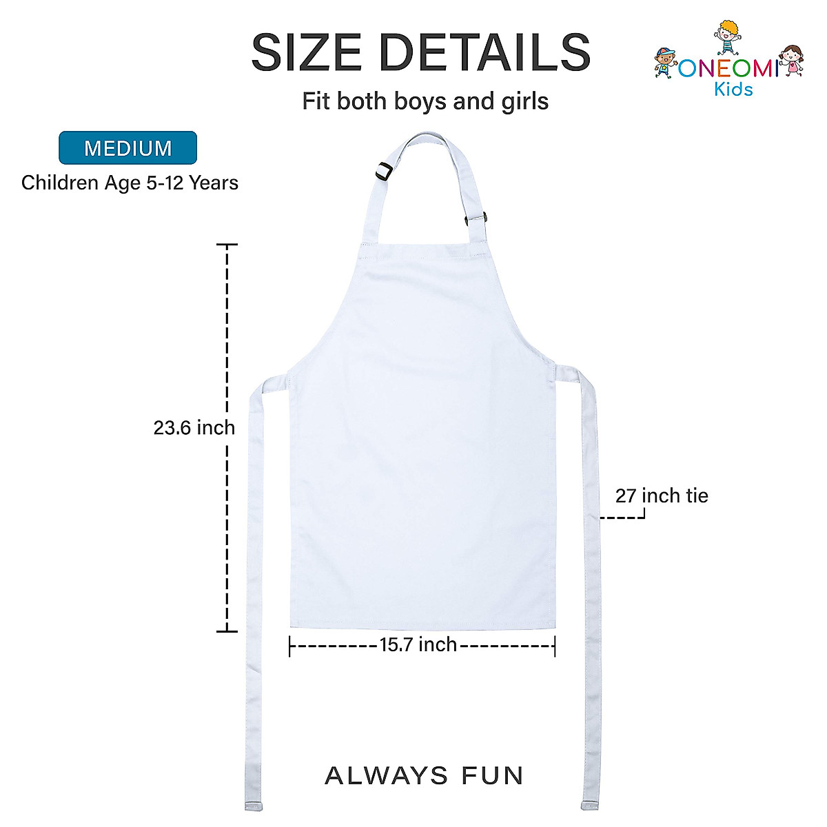 ONEOMI Kids Apron, Medium, 100% Cotton With An Adjustable Strap to fit All Ages, Ideal for Cooking, Baking, Painting, Decorating, Party, Chef, Art and Classroom Children Apron (1, White)