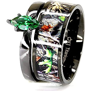 Black Titanium Camo & Geen Marquise Stainless Steel Engagement Wedding Ring Set (7)