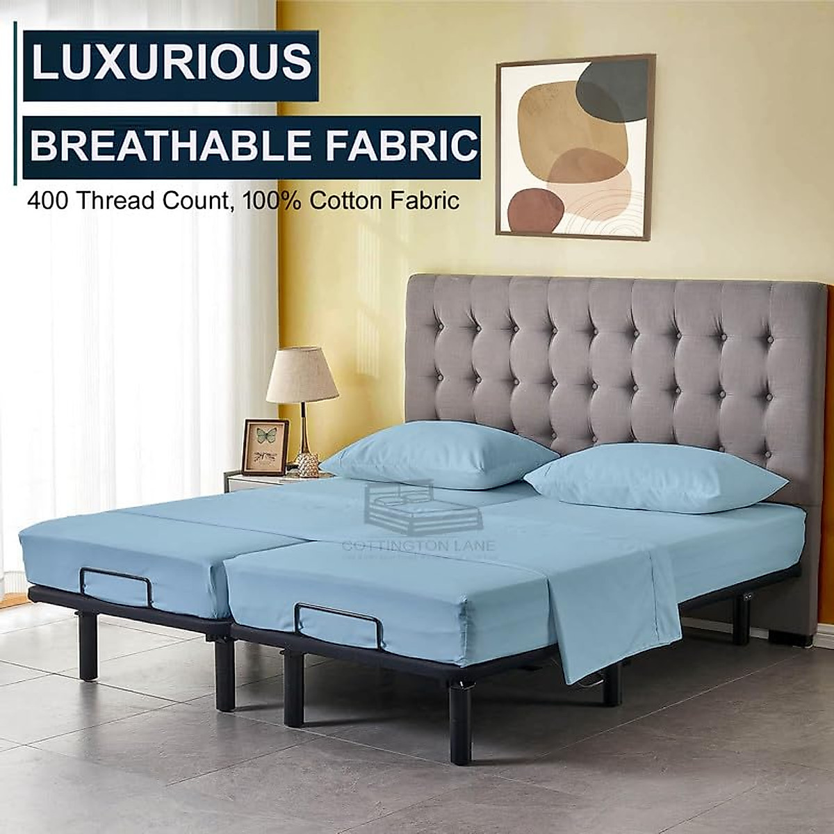 5 Piece Split King Sheets Sets for Adjustable beds - 400 Thread Count 100% Cotton (Light Blue Solid)