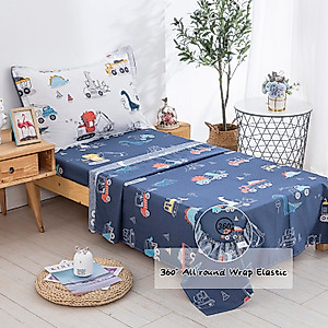 DJY Cotton Twin Bedding Set, Dinosaur Cars Reversible Twin Comforter Set for Kids Boys Girls, 4 Pieces Bed in a Bag Includes Quilted Comforter, Flat Sheet, Fitted Sheet and Pillowcase