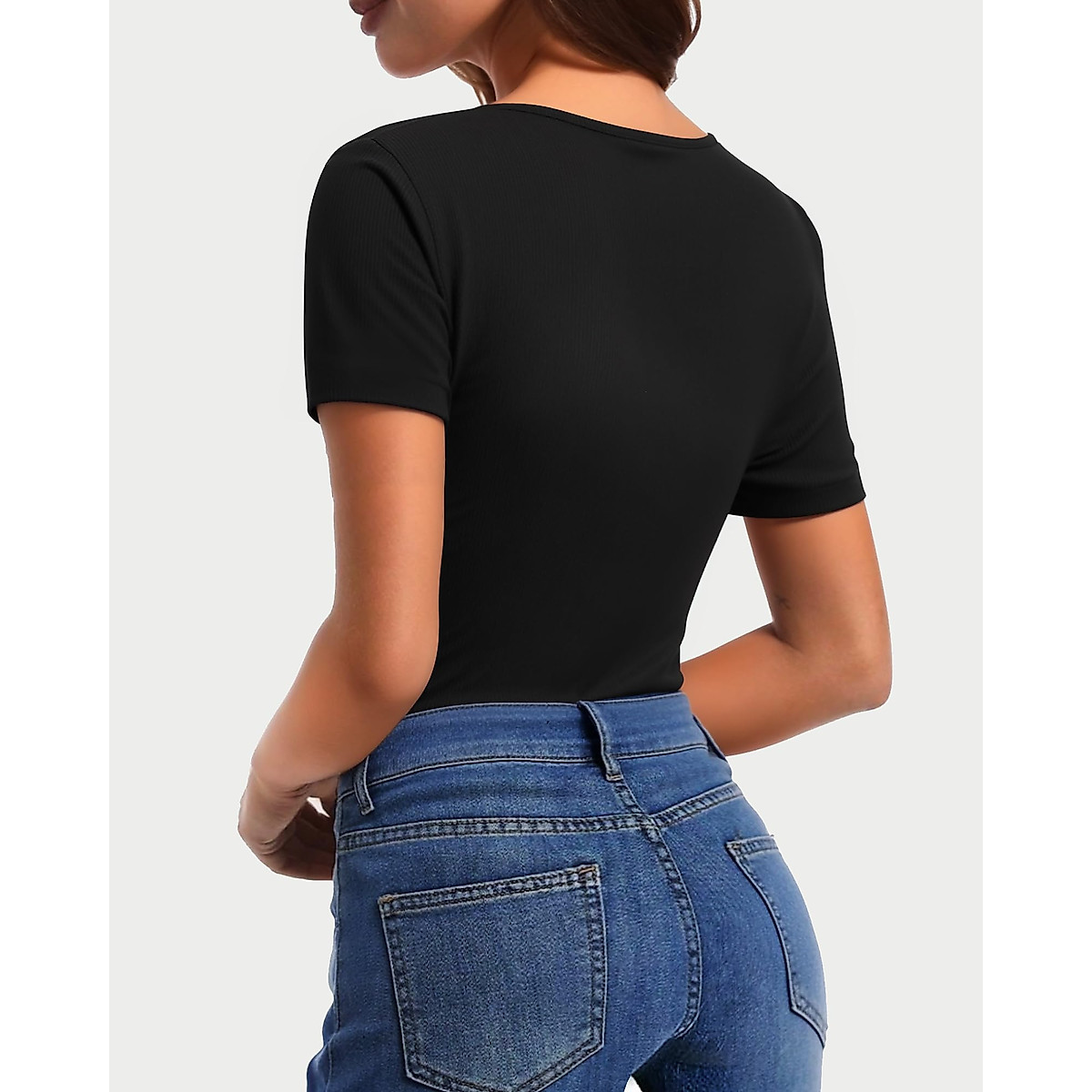 CLOZOZ Womens V Neck Short Sleeve Long Sleeve Shirt Fitted T Shirts Basic Tee Tops for Women Sexy Casual (2-shortseeve-Black, Medium)