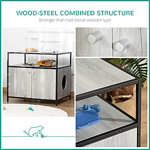 PawHut Wooden Cat Litter Box Enclosure, Hidden Kitten Washroom, Indoor End Table with Magnetic Doors & Storage Shelves, Grey