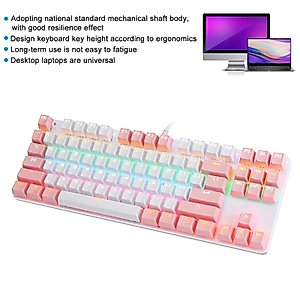 PUSOKEI Mechanical Gaming Keyboard, 87 Keys Keyboards RGB LED Rainbow Backlit Wired Keyboard, Mechinal Gaming Keyboard White+Pink, Mechanical Keyboard,Plug and Play(White)