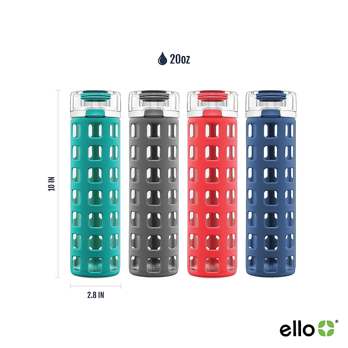 Ello Syndicate 20oz Reusable Glass Water Bottle with One-Touch Leak Proof Flip Lid and Protective Non-Slip Silicone Sleeve and Carry Loop for Coffee, Tea and Water, BPA-free, Dishwasher Safe, Mint