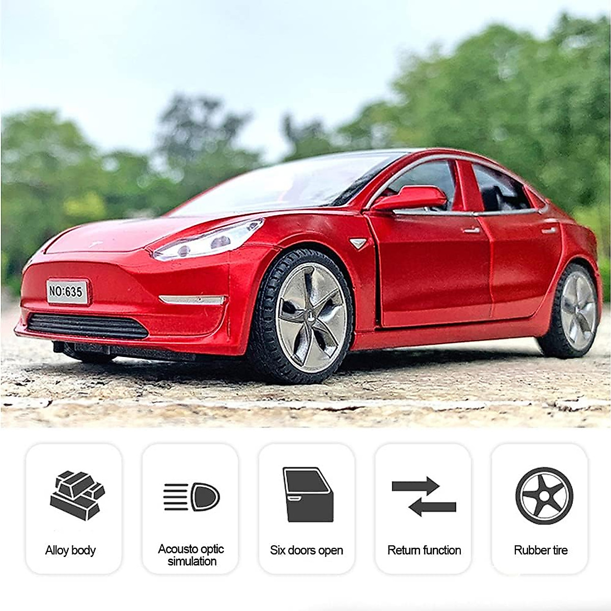 1:32 Scale Model 3 Car Toy Pull Back with Sound and Light, Alloy Diecast Mini Vehicles Toys for Kids Gift or Tesla Car Model Collection Enthusiasts Gift (Brilliant Red)